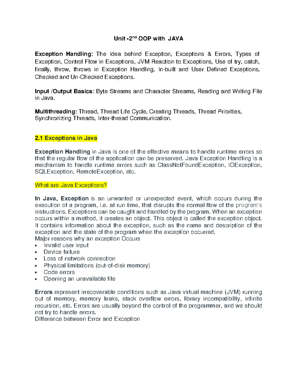 Unit 2 Java 1 Java Notes In Detail Unit 2 Nd Oop With Java Exception Handling The Idea 2894