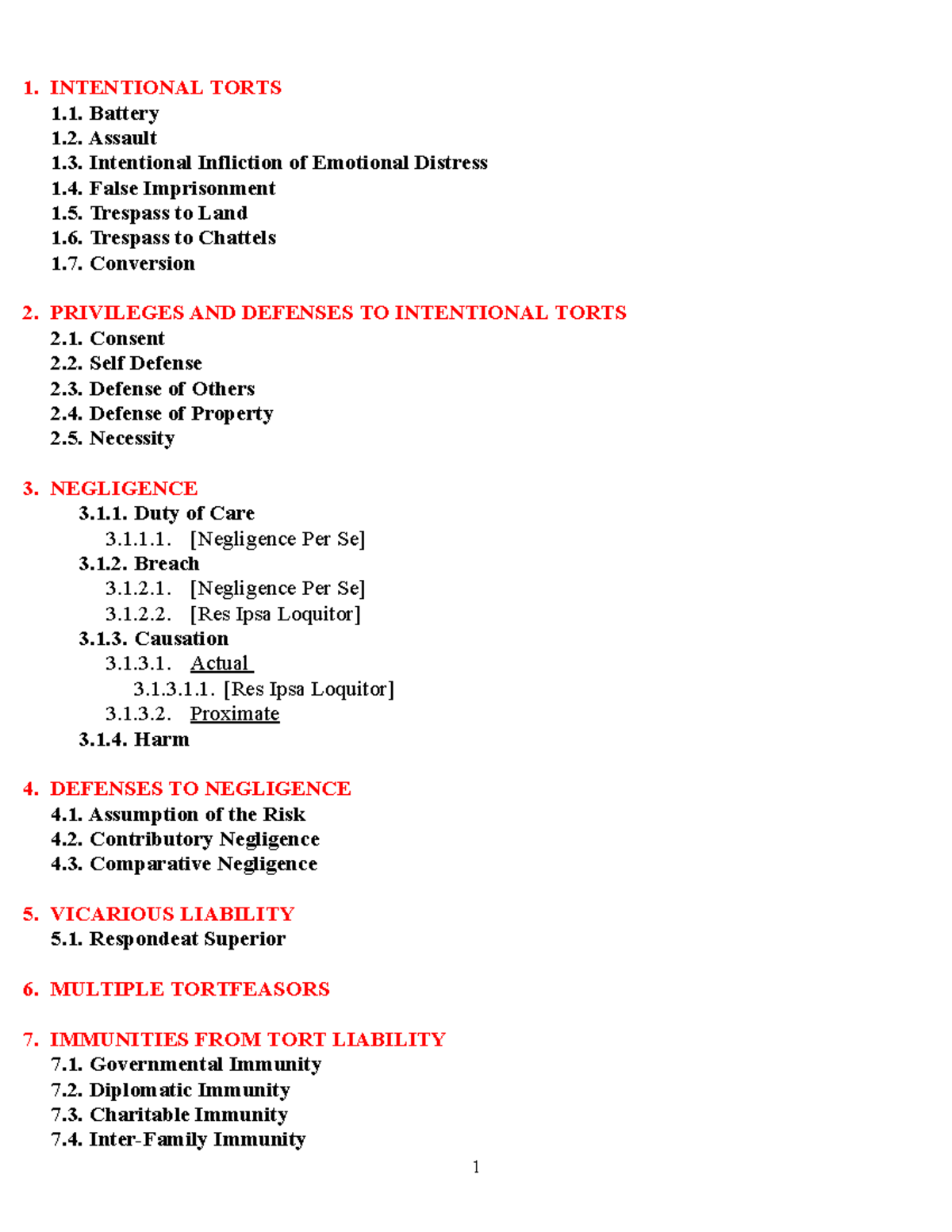 121 Final Torts Outline - 1. INTENTIONAL TORTS 1. Battery 1. Assault 1 ...