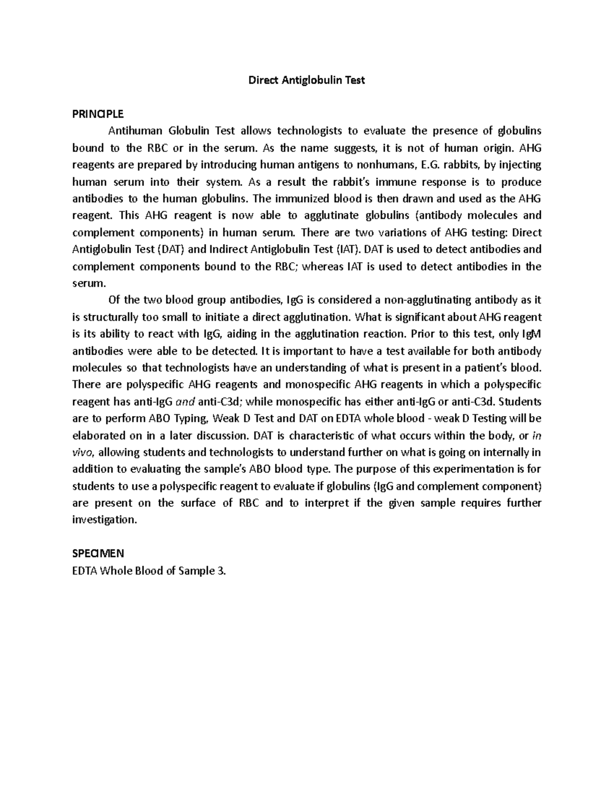 Blood Banking Lab 3 Report: Direct Antiglobulin Test - Direct ...