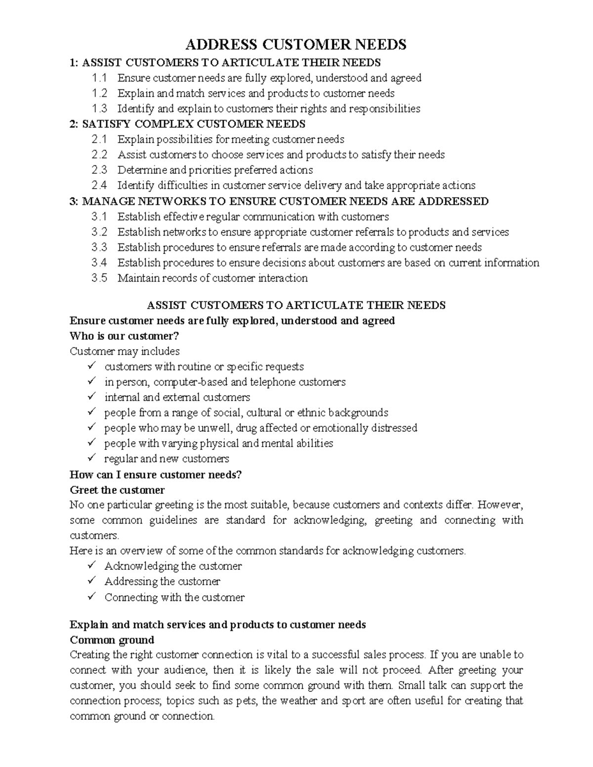 Address customer needs - ADDRESS CUSTOMER NEEDS 1: ASSIST CUSTOMERS TO ...