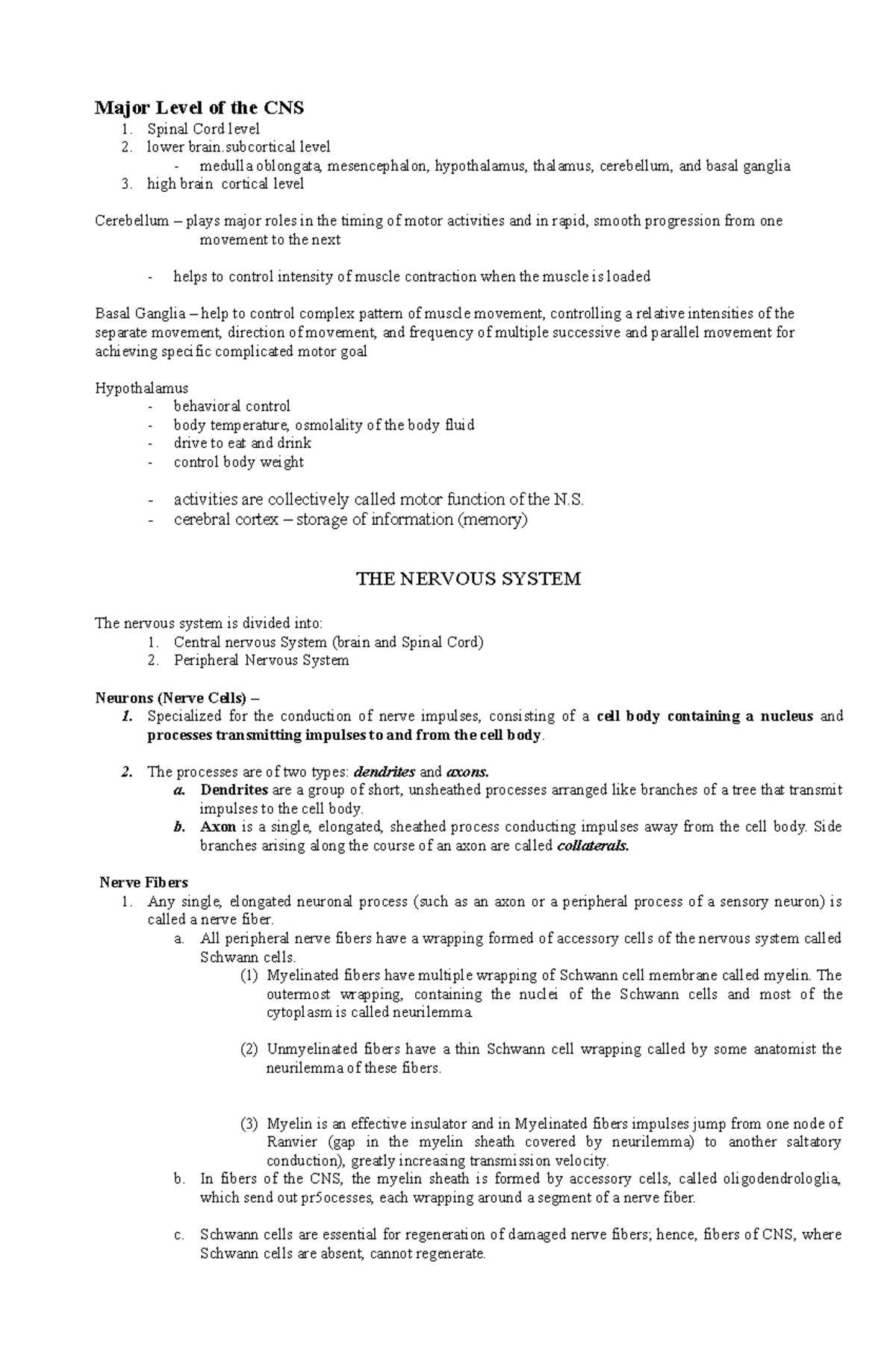 Central nervous system notes anatomy - Major Level of the CNS Spinal ...