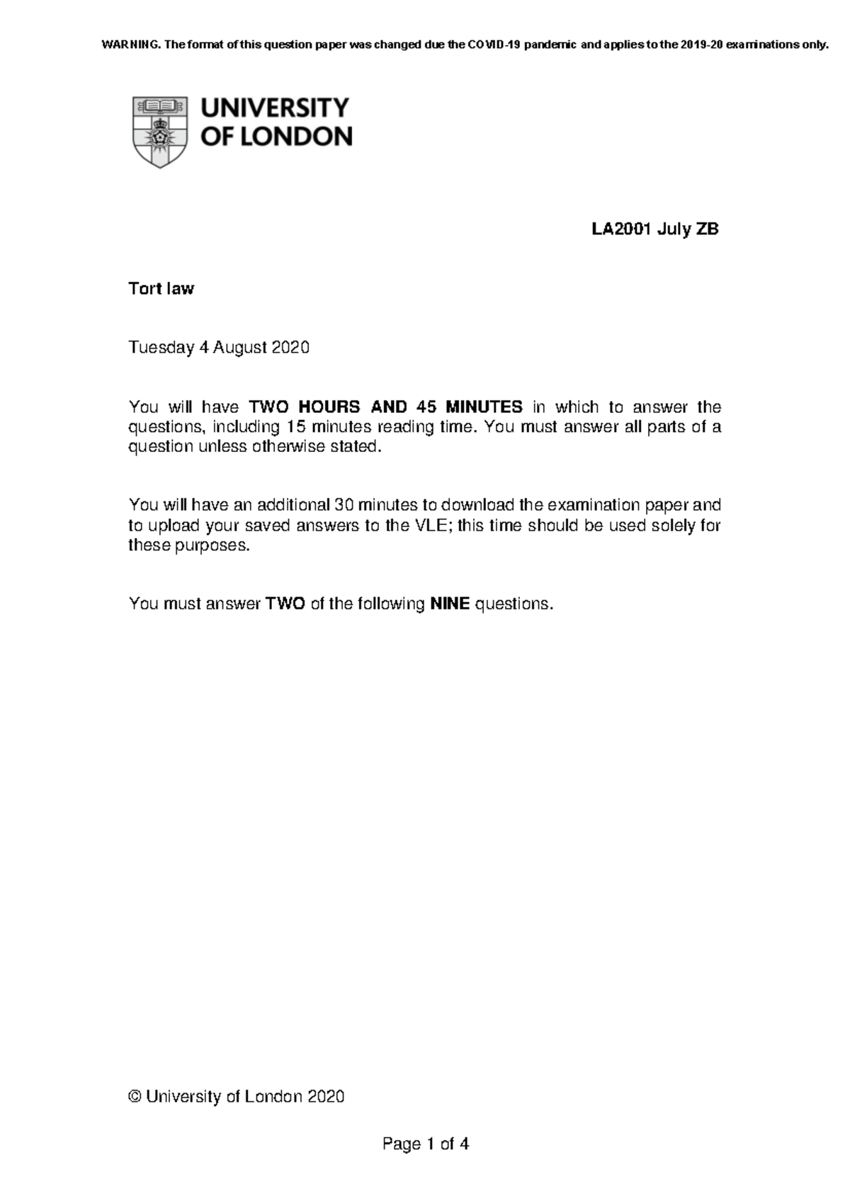 UOL Tort exam 2020 Zone B - LA2001 July ZB Tort law Tuesday 4 August ... UOL Tort exam 2020 Zone B - LA2001 July ZB Tort law Tuesday 4 August ...