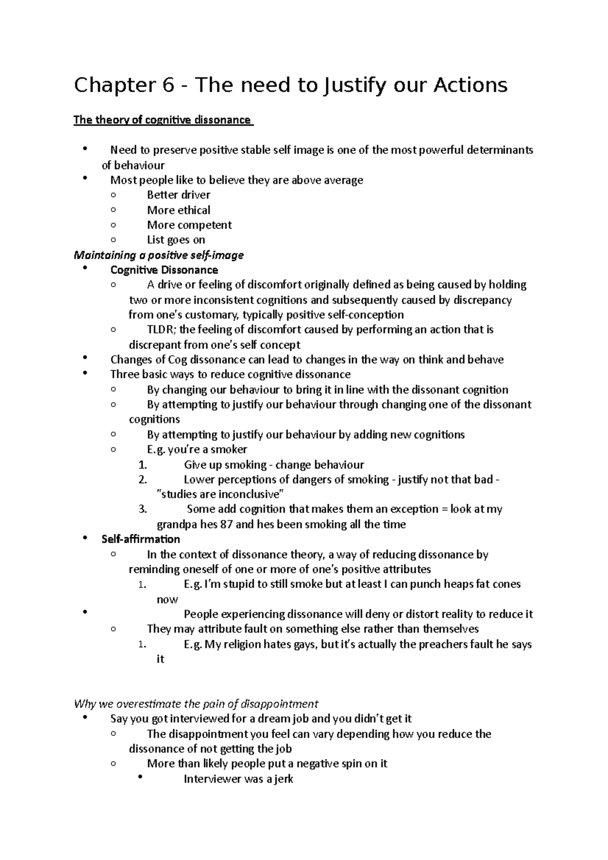 Chapter 6 Summary for quiz - Chapter 6 The need to Justify our Actions ...