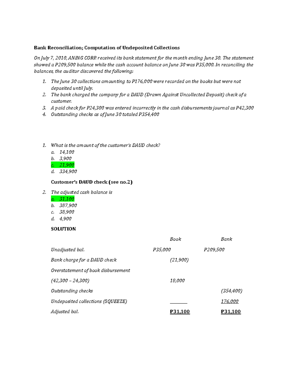 1ST EXAM Answer KEY - Bank Reconciliation; Computation of Undeposited ...