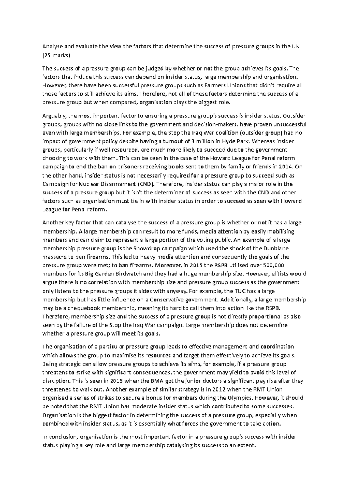 Success of pressure groups essauy - Analyse and evaluate the view the ...
