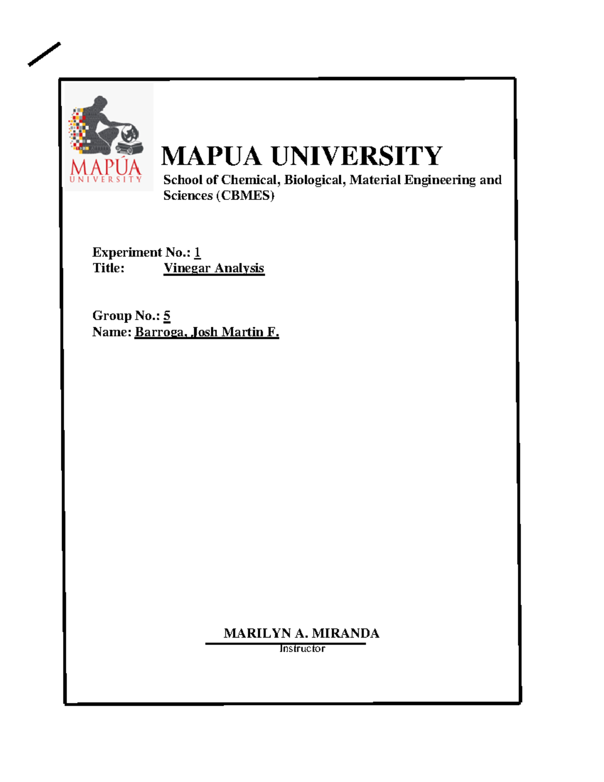CM011L B1 Expt 1 Final Report Barroga - MAPUA UNIVERSITY School of ...