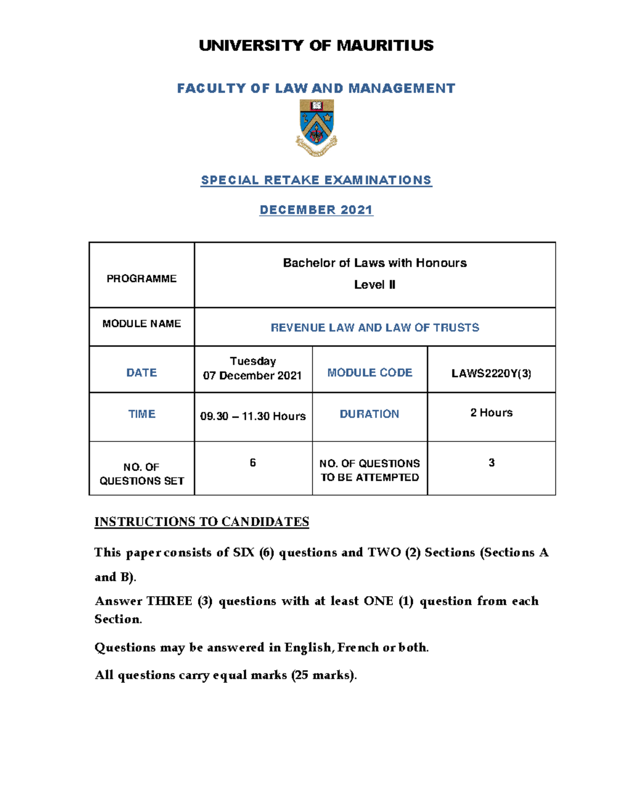 Papers LAWS 2220Y 3 2021 SR - UNIVERSITY OF MAURITIUS FACULTY OF LAW ...
