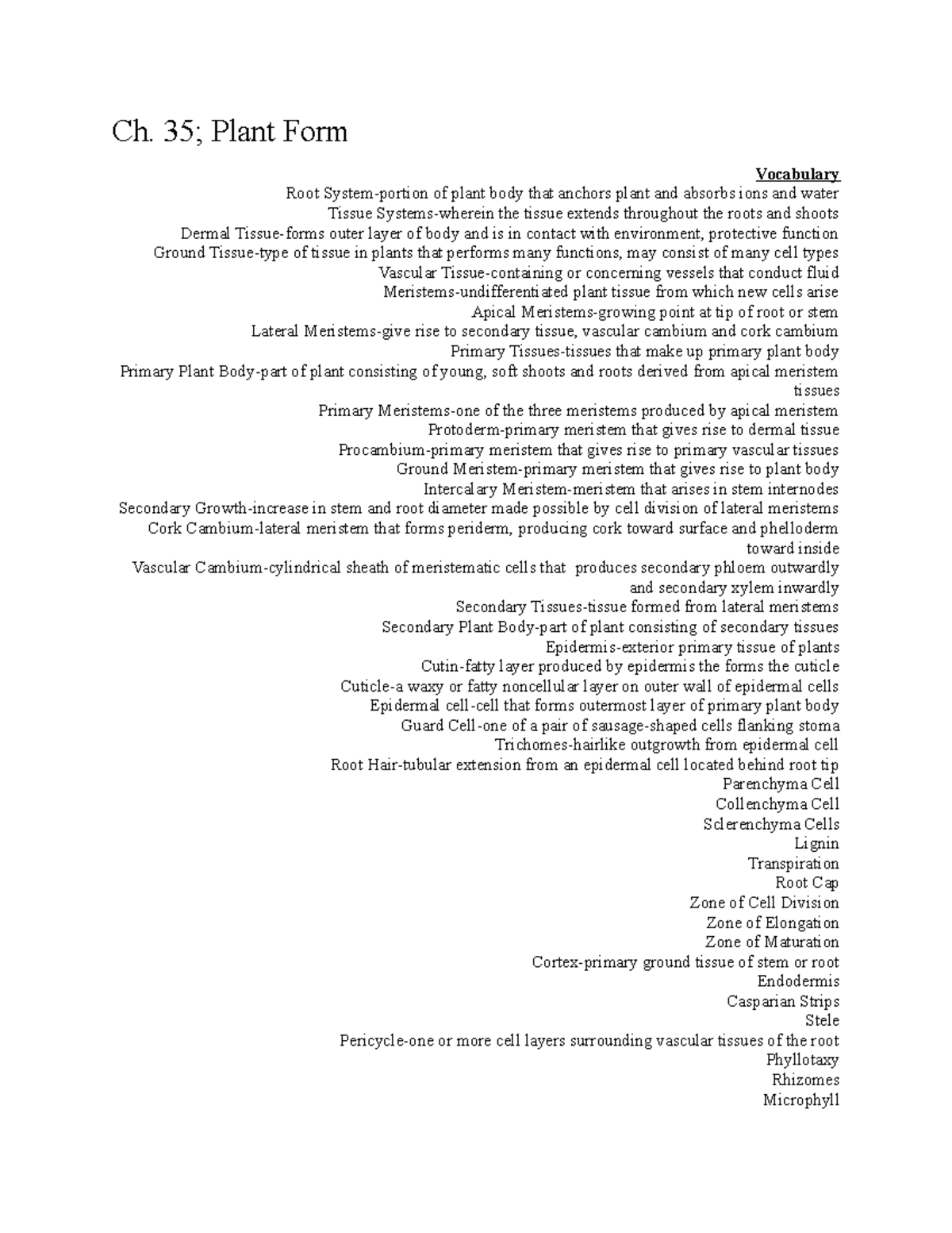 Plant Form - Vocabulary List and Chapter Notes - Biology - Ch. 35 ...
