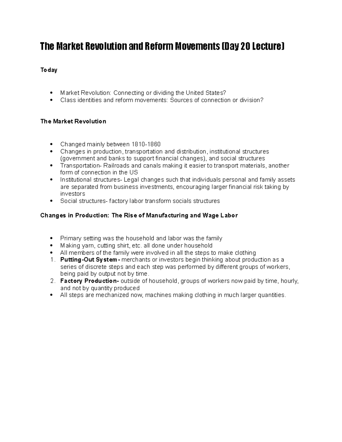 History Lecture (Day 20) - The Market Revolution and Reform Movements ...