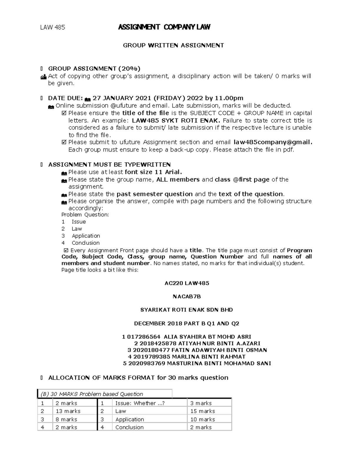 LAW485 Group Written Assignment JAN 2023 - LAW 485 ASSIGNMENT COMPANY ...