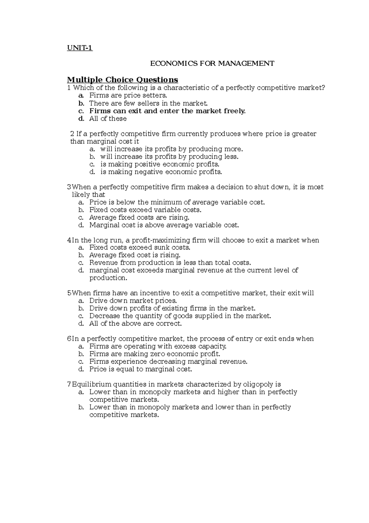Economics FOR Management Multiple choice - UNIT- ECONOMICS FOR ...