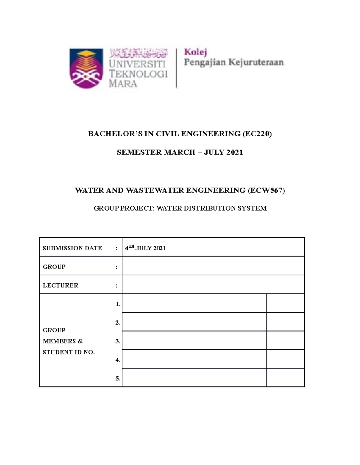 ECW567 Water Distribution System - BACHELOR’S IN CIVIL ENGINEERING ...