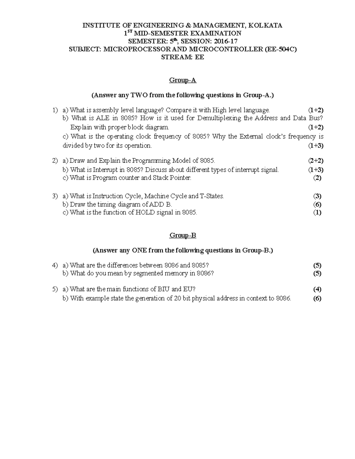 EE-504C Questions to be practiced - INSTITUTE OF ENGINEERING & MANAGEMENT, KOLKATA 1 ST - Studocu