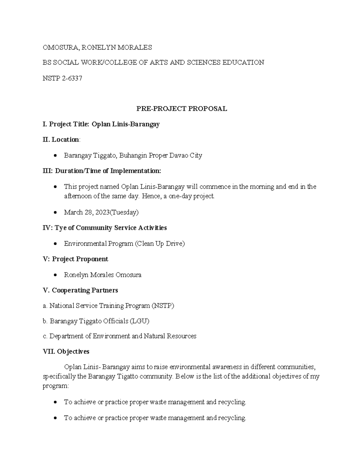PRE- Project Proposal(6337) - OMOSURA, RONELYN MORALES BS SOCIAL WORK ...