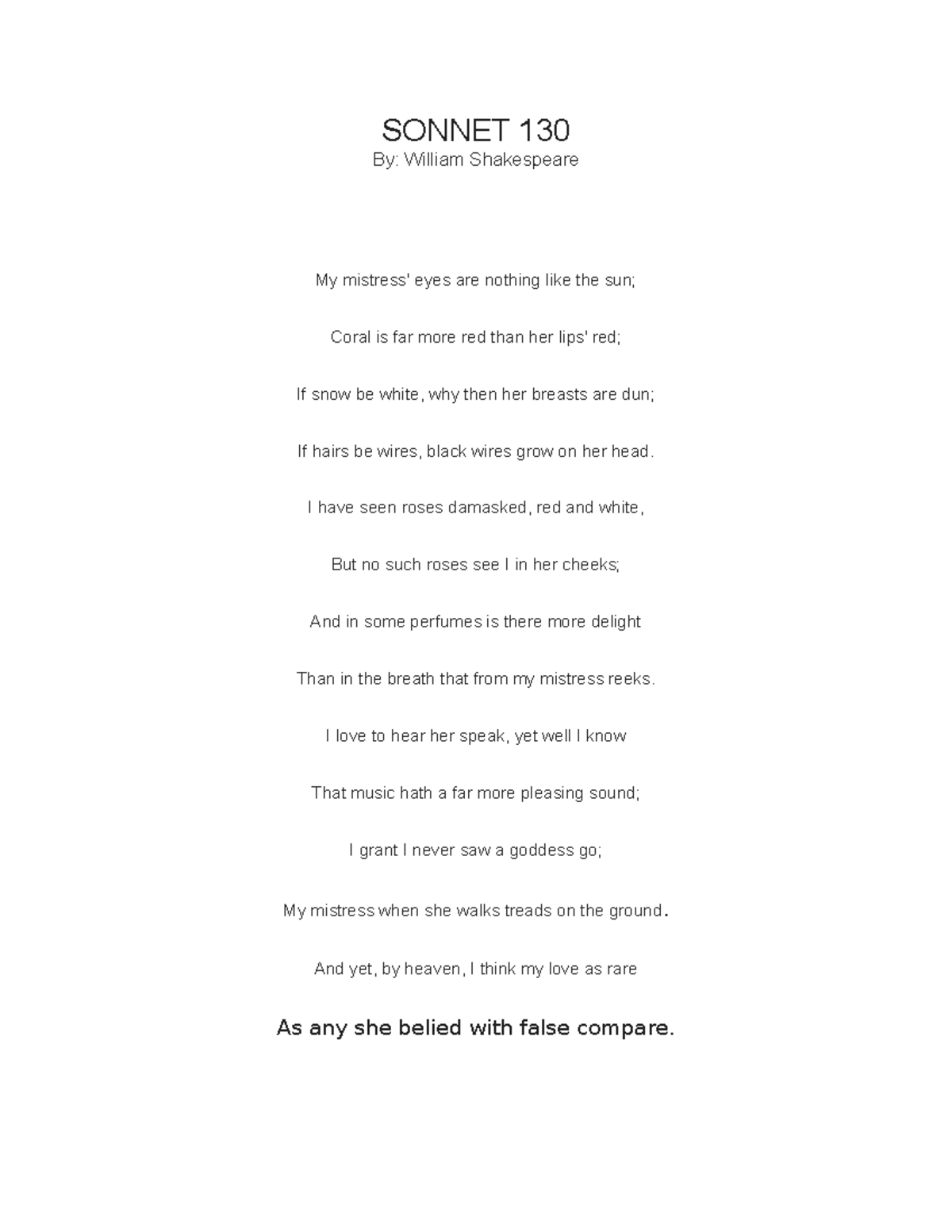 Sonnet-130 - this is my activity - By: William ShakespeareSONNET 130 My ...