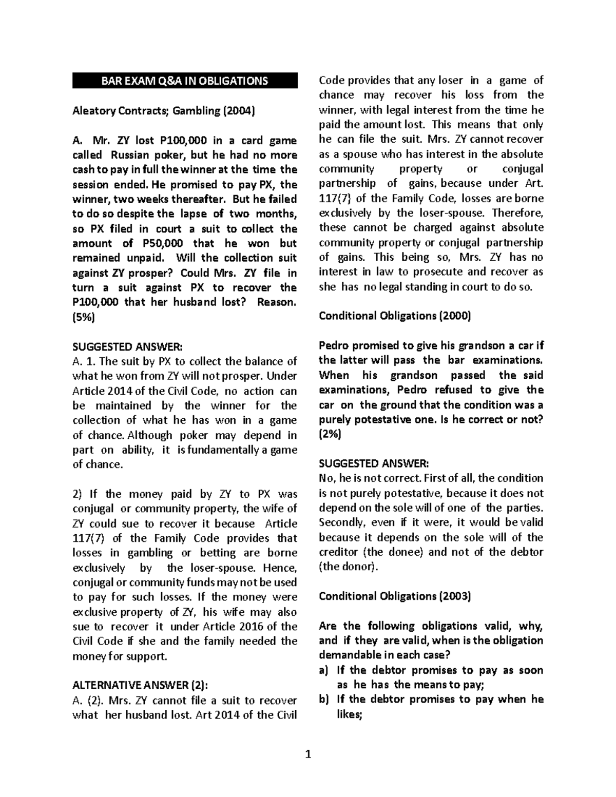 Pdfcoffee - Oblicon Law Reviewer Materials Module 1-4 - BAR EXAM Q&A IN OBLIGATIONS Aleatory ...