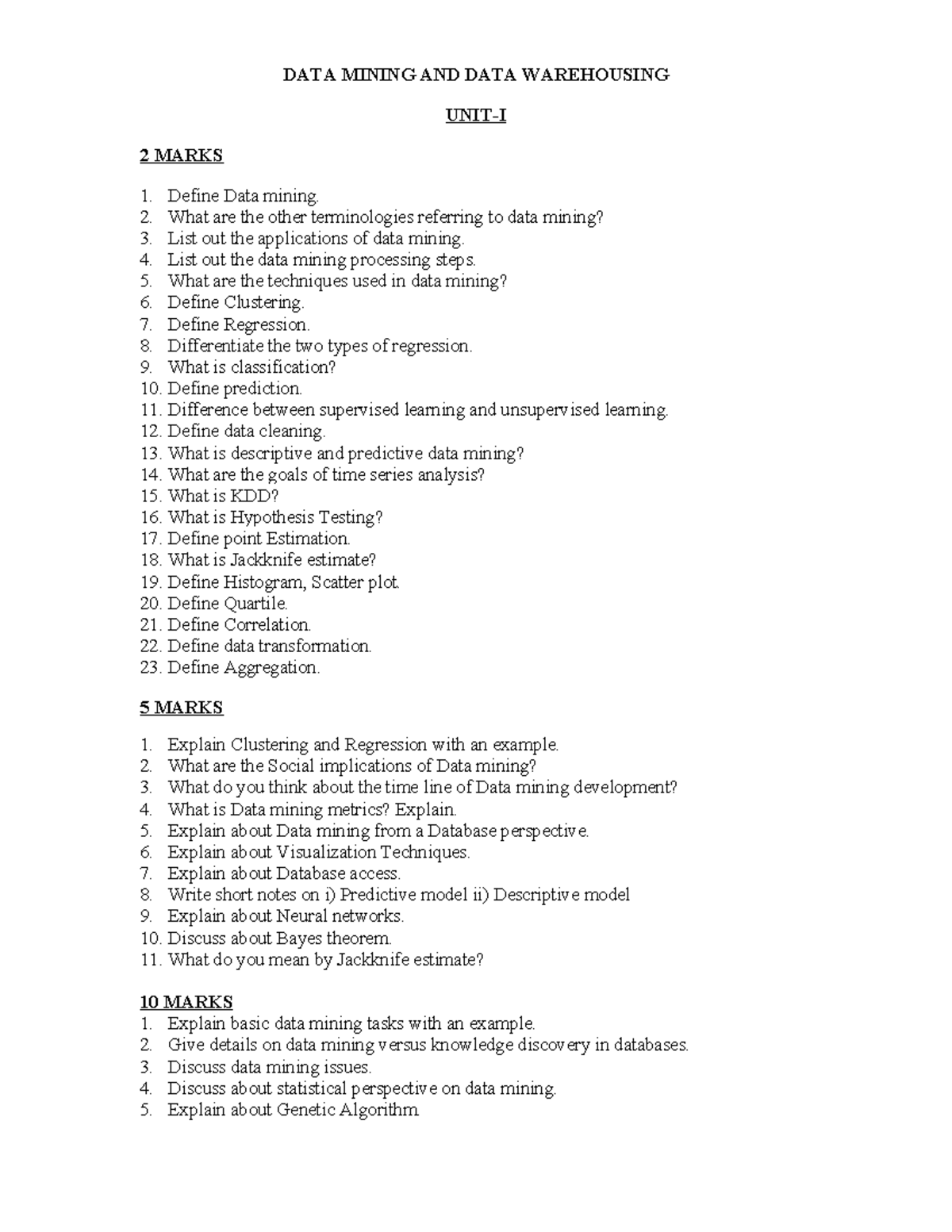 Data mining & Warehousing - Question BANK (I MSC CS) - DATA MINING AND DATA WAREHOUSING UNIT-I 2 ...