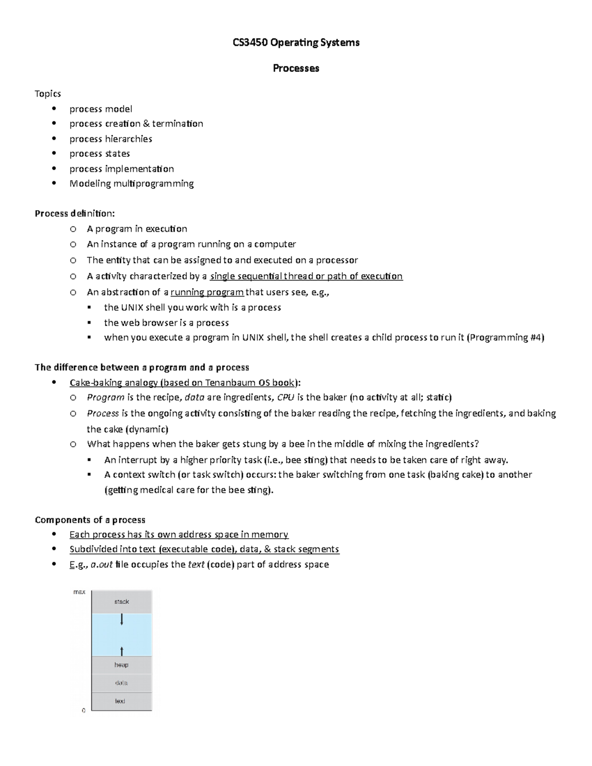 Processes lecture - CS3450 Operating Systems Processes Topics process ...