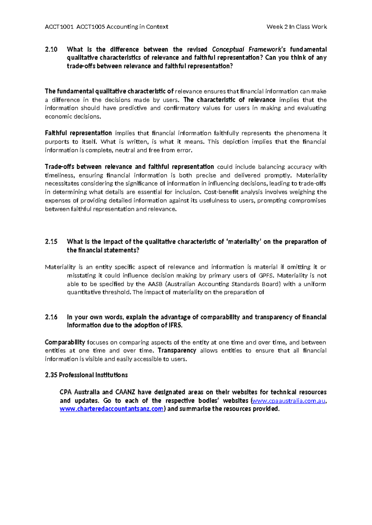 Week 2 in class questions - ACCT1001 ACCT1005 Accounting in Context Week 2 In Class Work 2 What ...