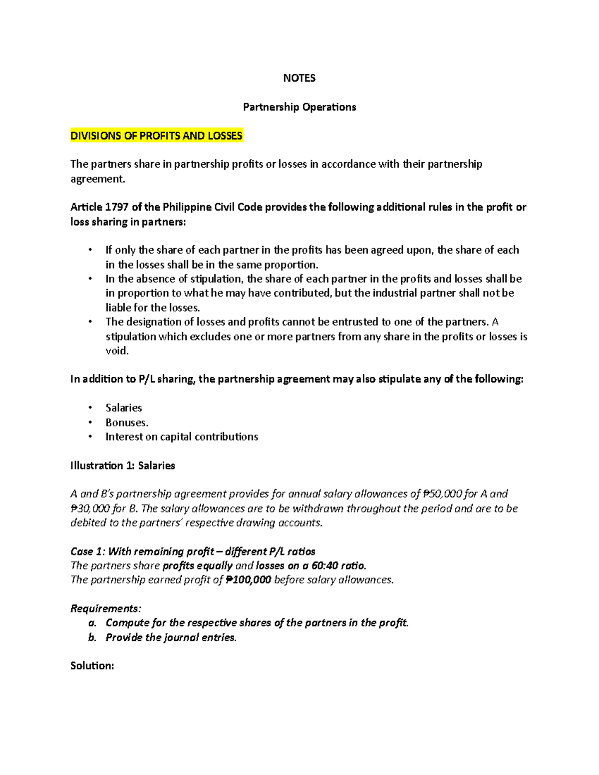 Partnership Operations Notes - NOTES Partnership Operations DIVISIONS ...