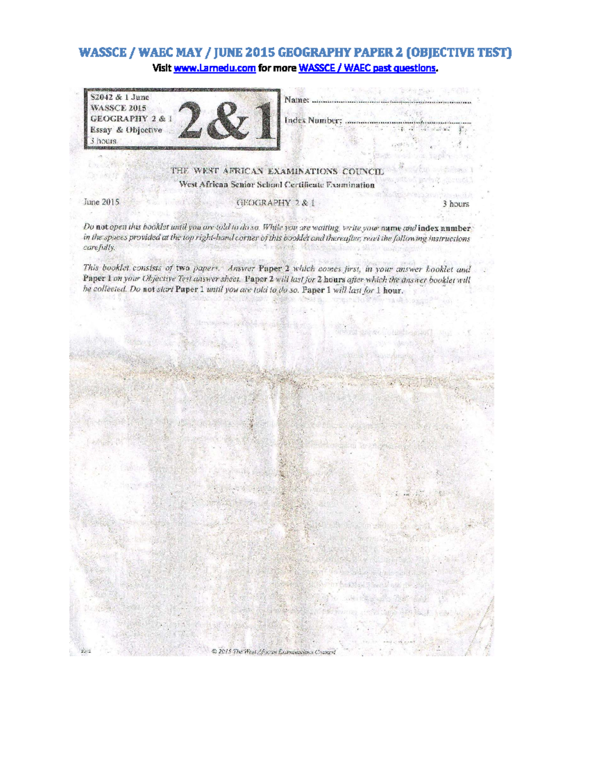 2015 - very good material - WASSCE WAEC MAY JUNE 2015 GEOGRAPHY PAPER 2 ...