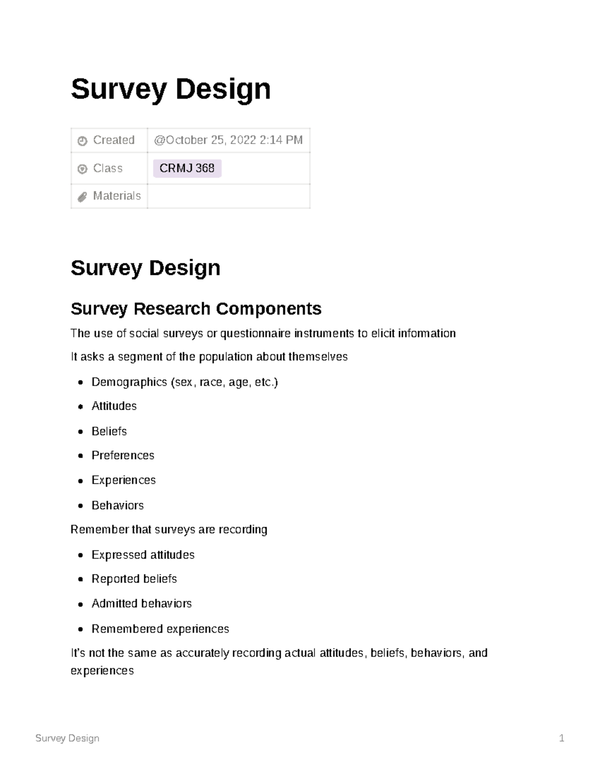 Survey Design in CRMJ Research - Survey Design Created Class CRMJ 368 ...