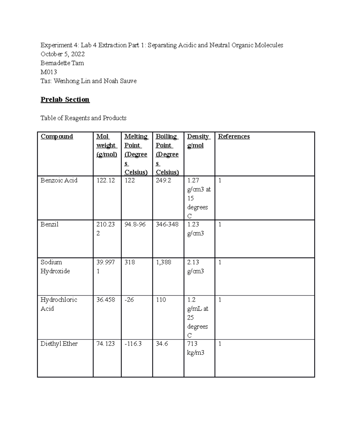 CHE 275 LAB 4 Chart AND Safety - Experiment 4: Lab 4 Extraction Part 1: Separating Acidic and ...