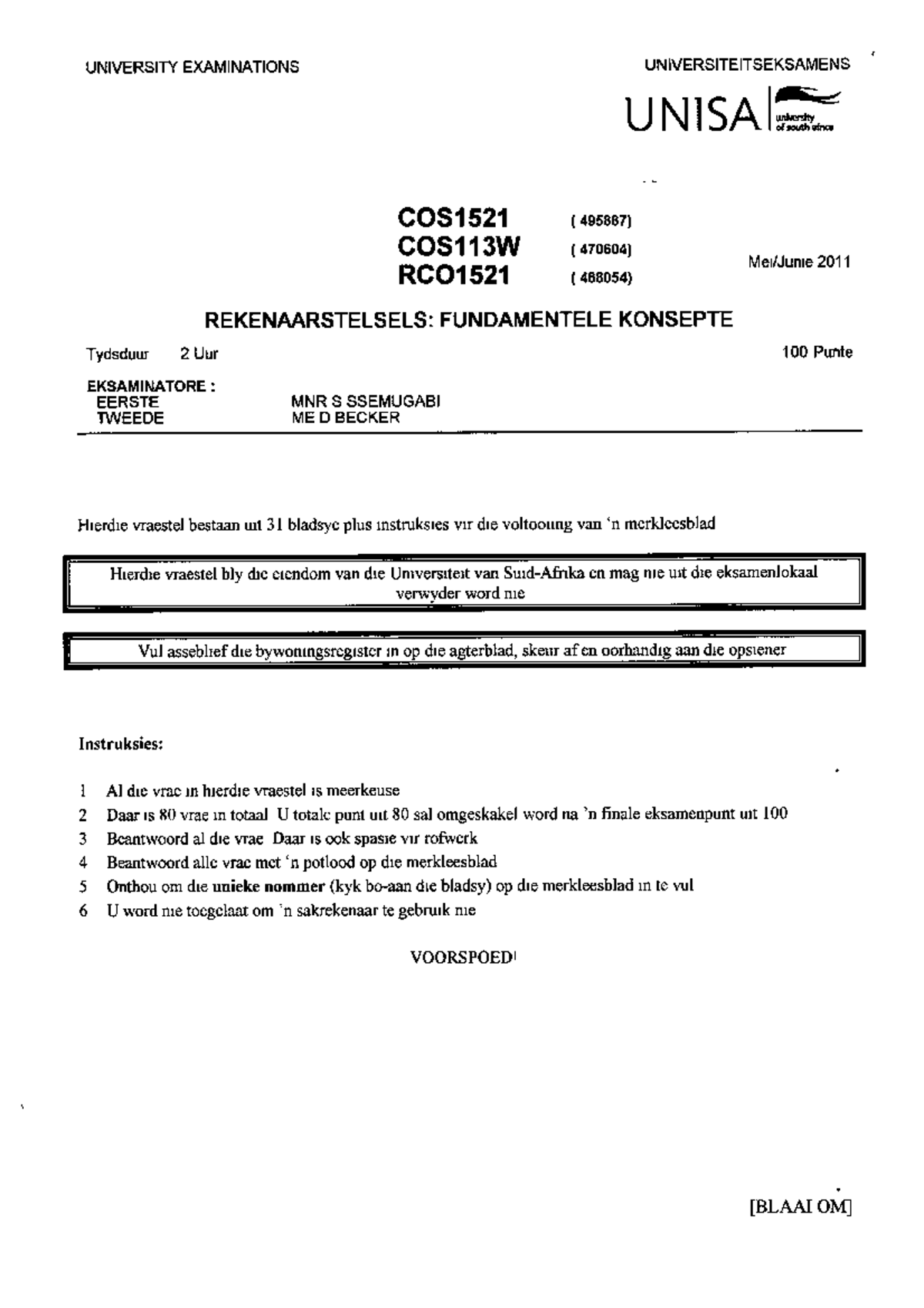 Exam 2011 - Afrikaans - COS1521 - Studocu
