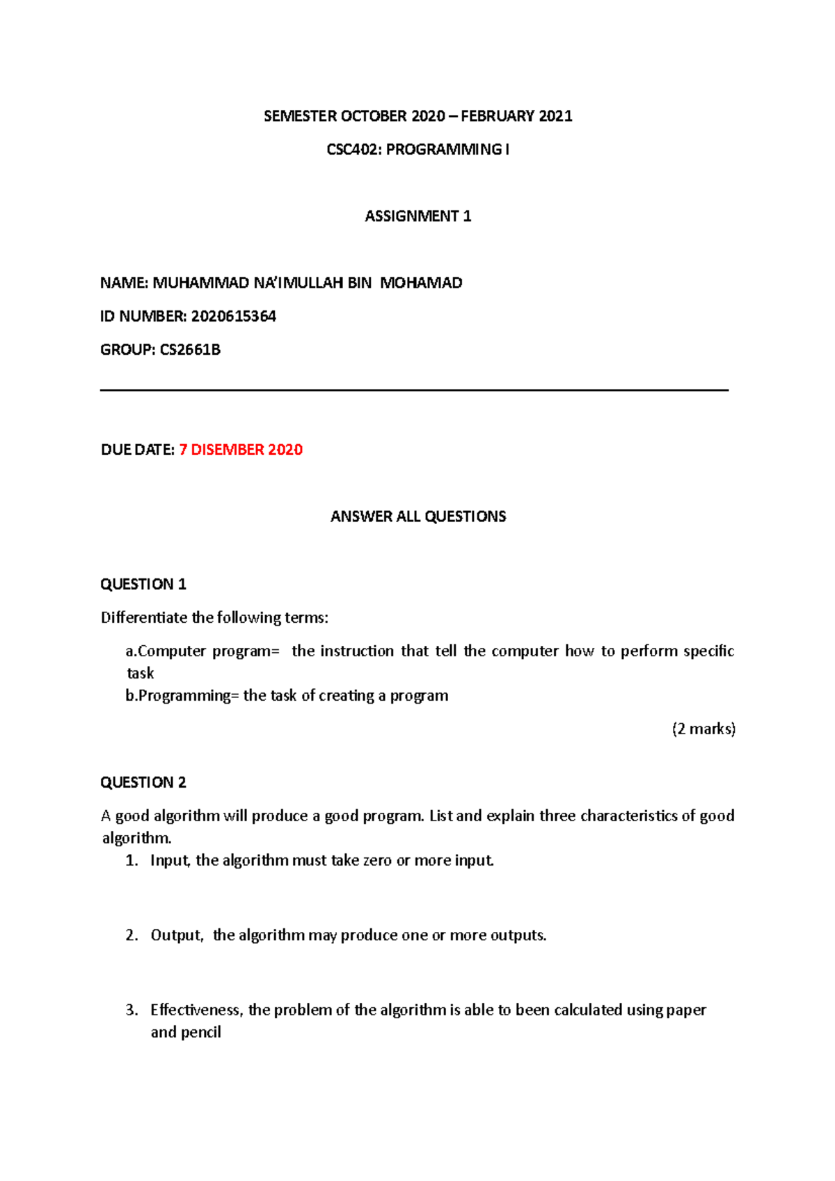 Assignment individual 1 - SEMESTER OCTOBER 2020 – FEBRUARY 2021 CSC402 ...