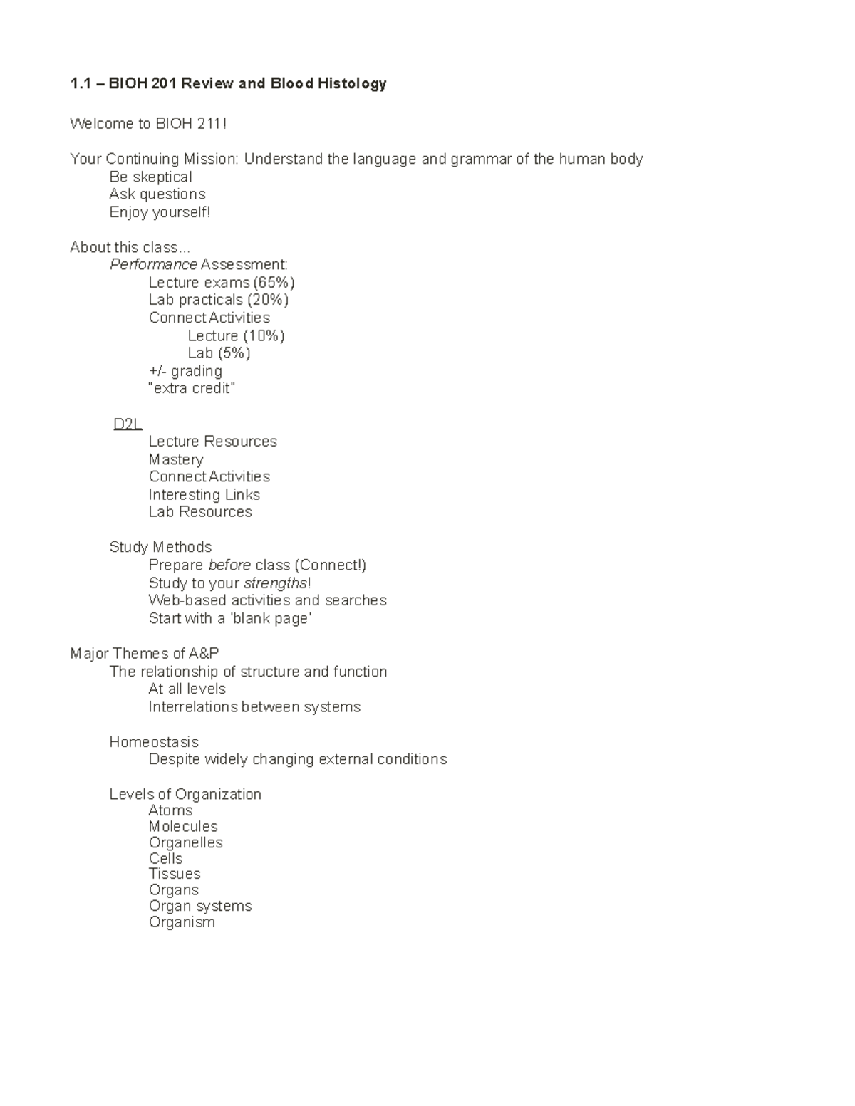 1.1 - Blood and RBCs (Notes) - 1 – BIOH 201 Review and Blood Histology ...