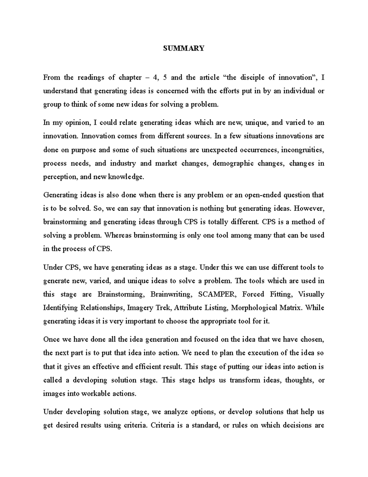 CPS summary 3 - This subject is Creative Problem Solving. It is taken ...