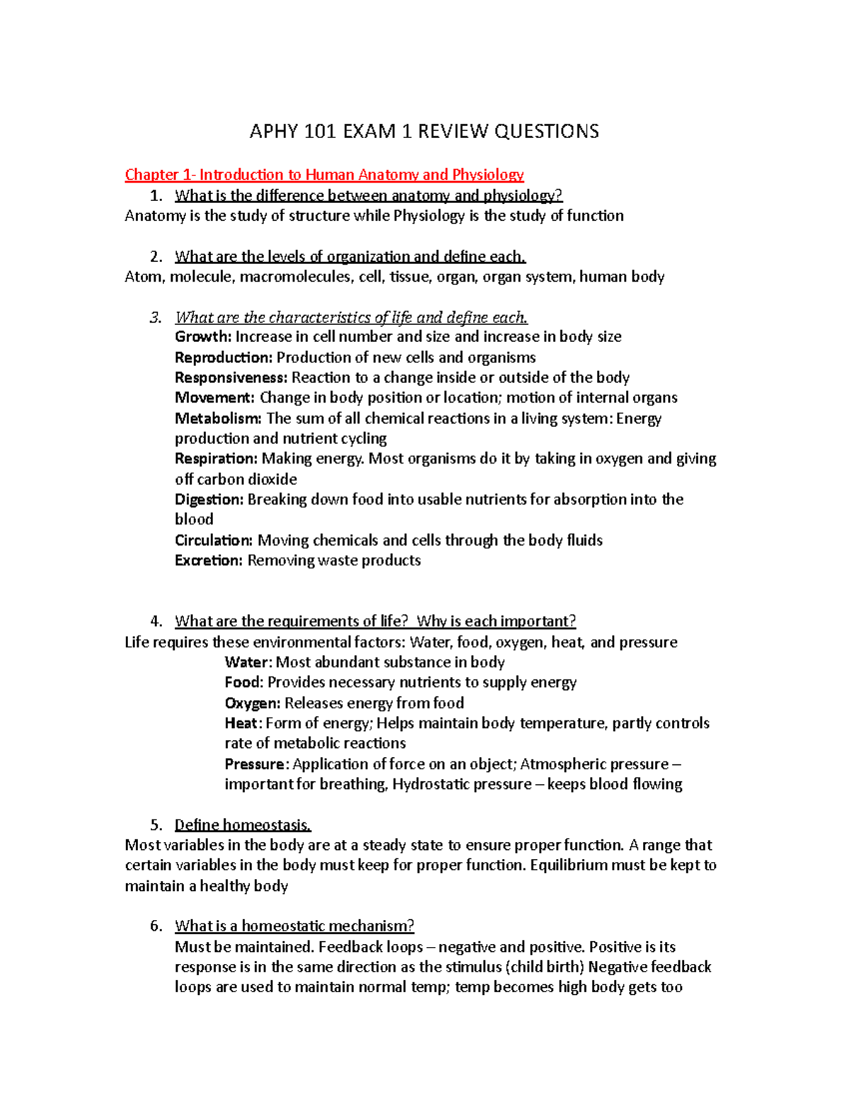APHY101 Student Study Guide Exam 1 - APHY 101 EXAM 1 REVIEW QUESTIONS ...