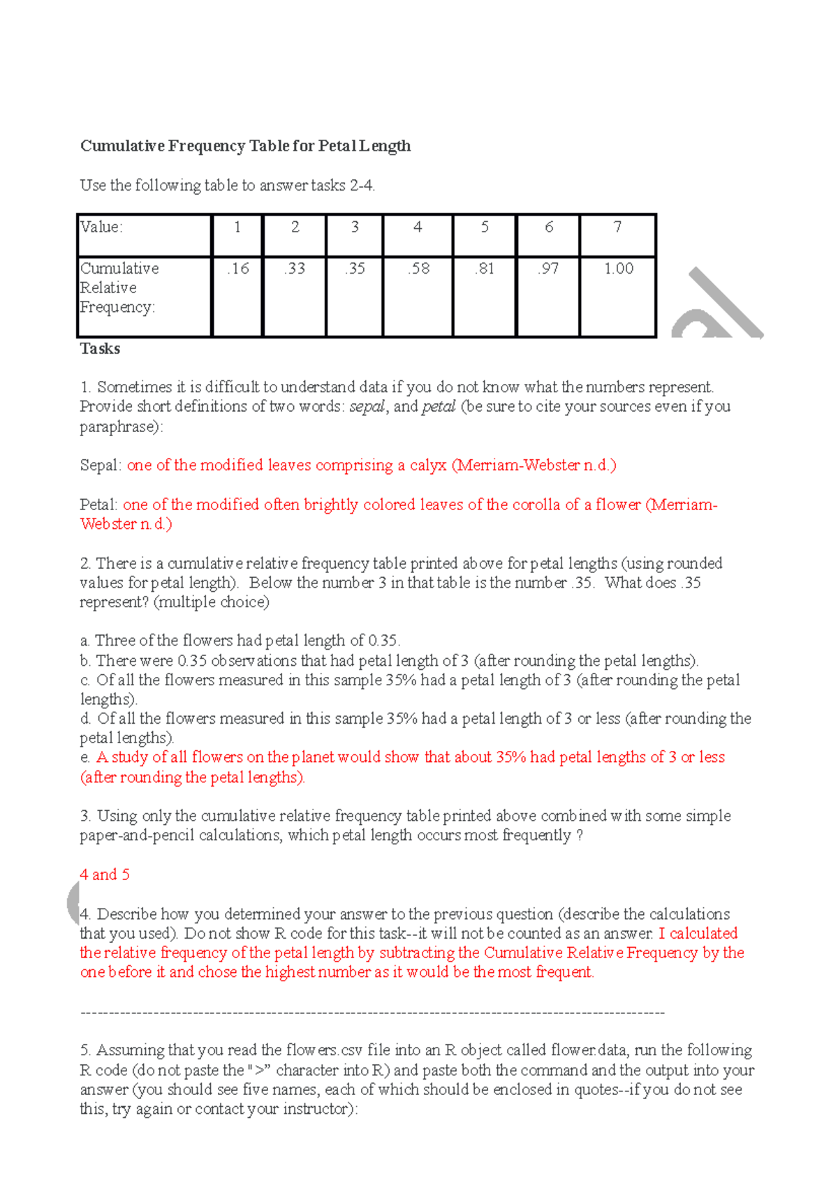 Assignment Unit 2 - Cumulative Frequency Table for Petal Length Use the ...