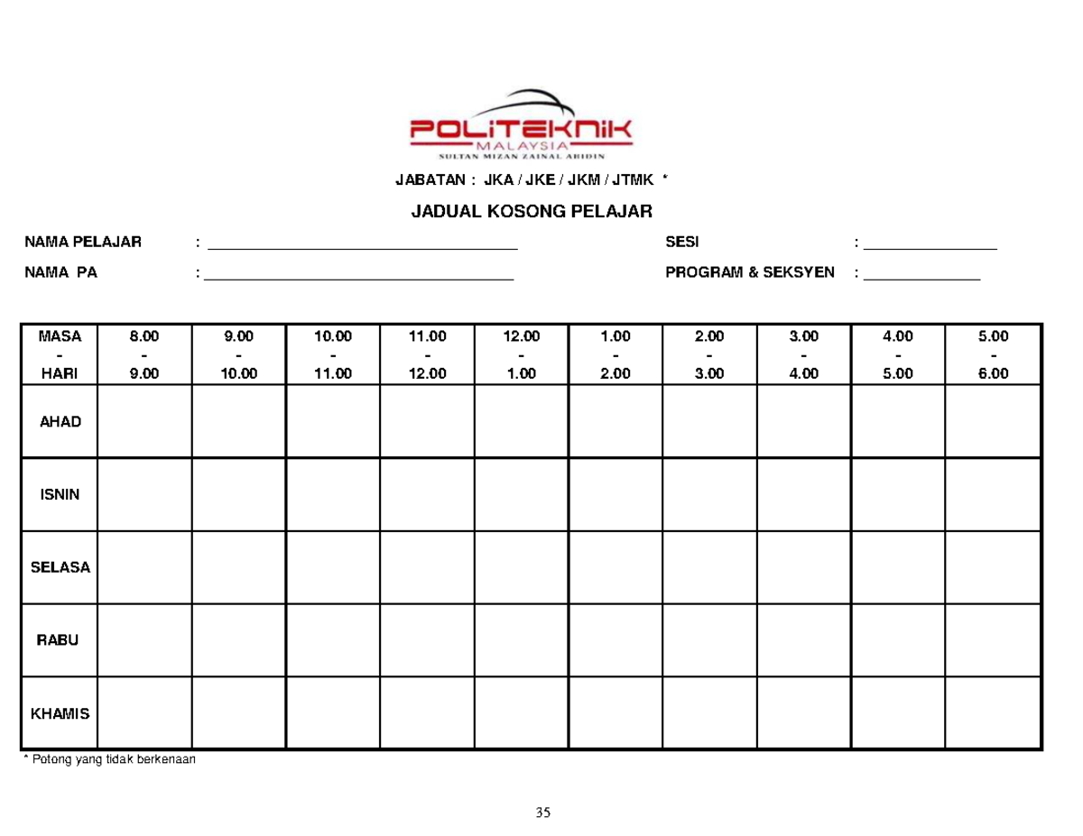 Jadual Waktu Kosong - NAMA PELAJAR ...