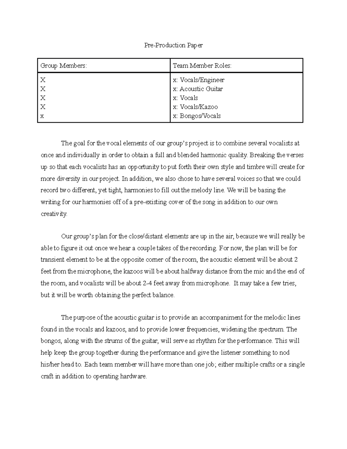 Pre Production Paper Example - Pre-Production Paper Group Members: Team ...
