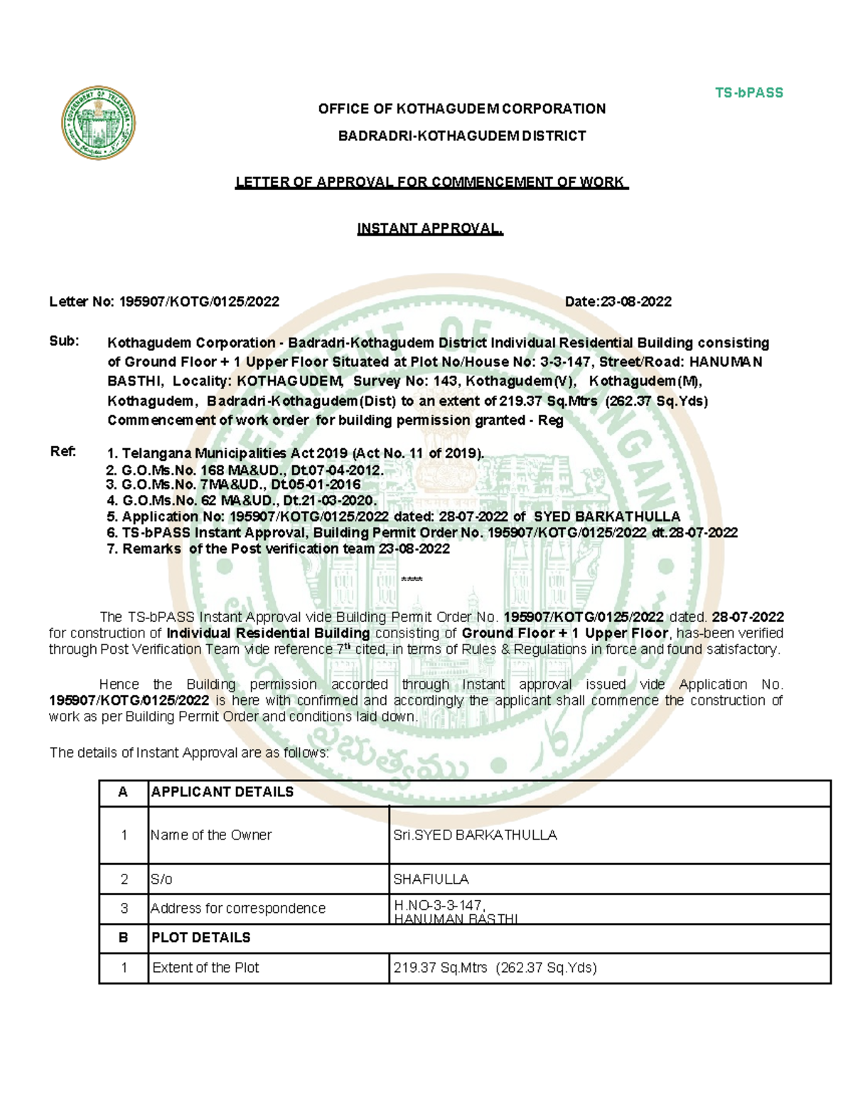 Work Commencement SC 195907 KOTG 0125 2022 - TS-bPASS OFFICE OF ...