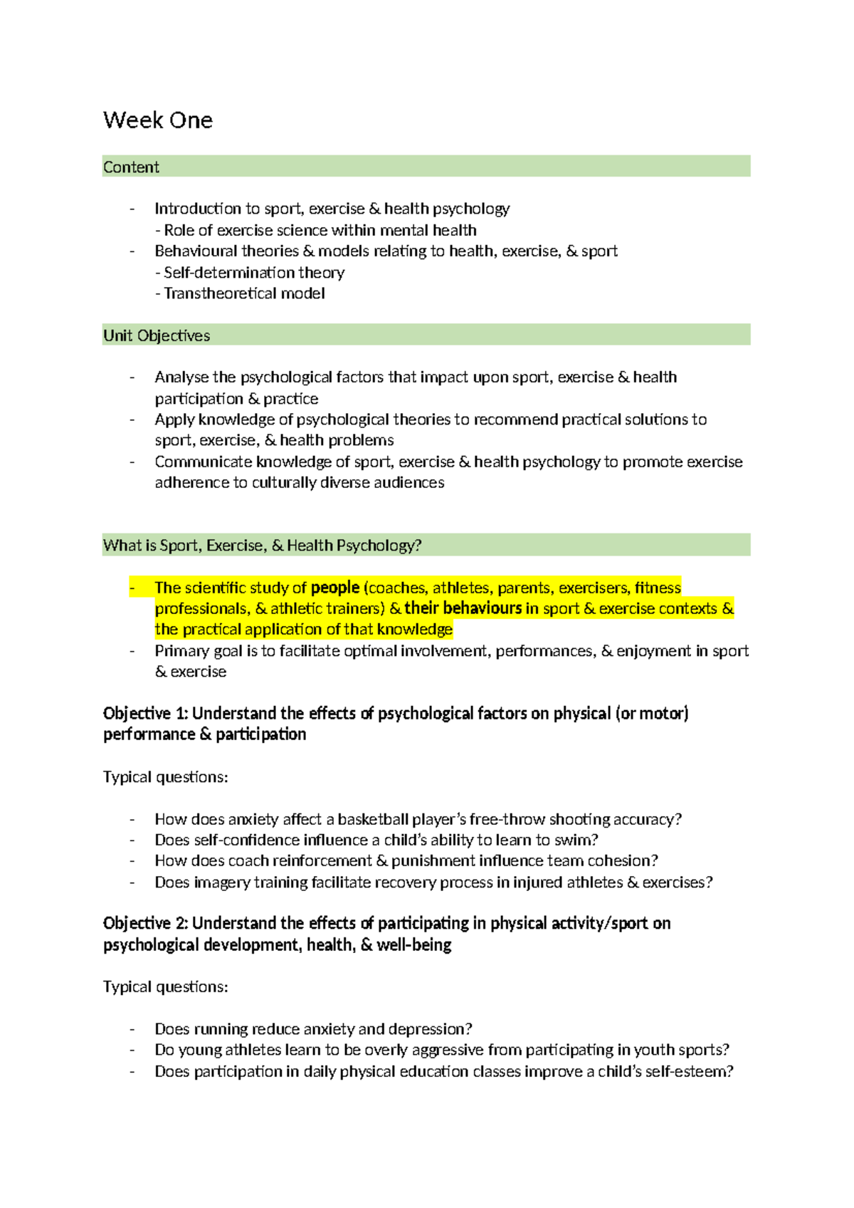 Psychology of Sport and Exercises - Week One Content - Introduction to ...