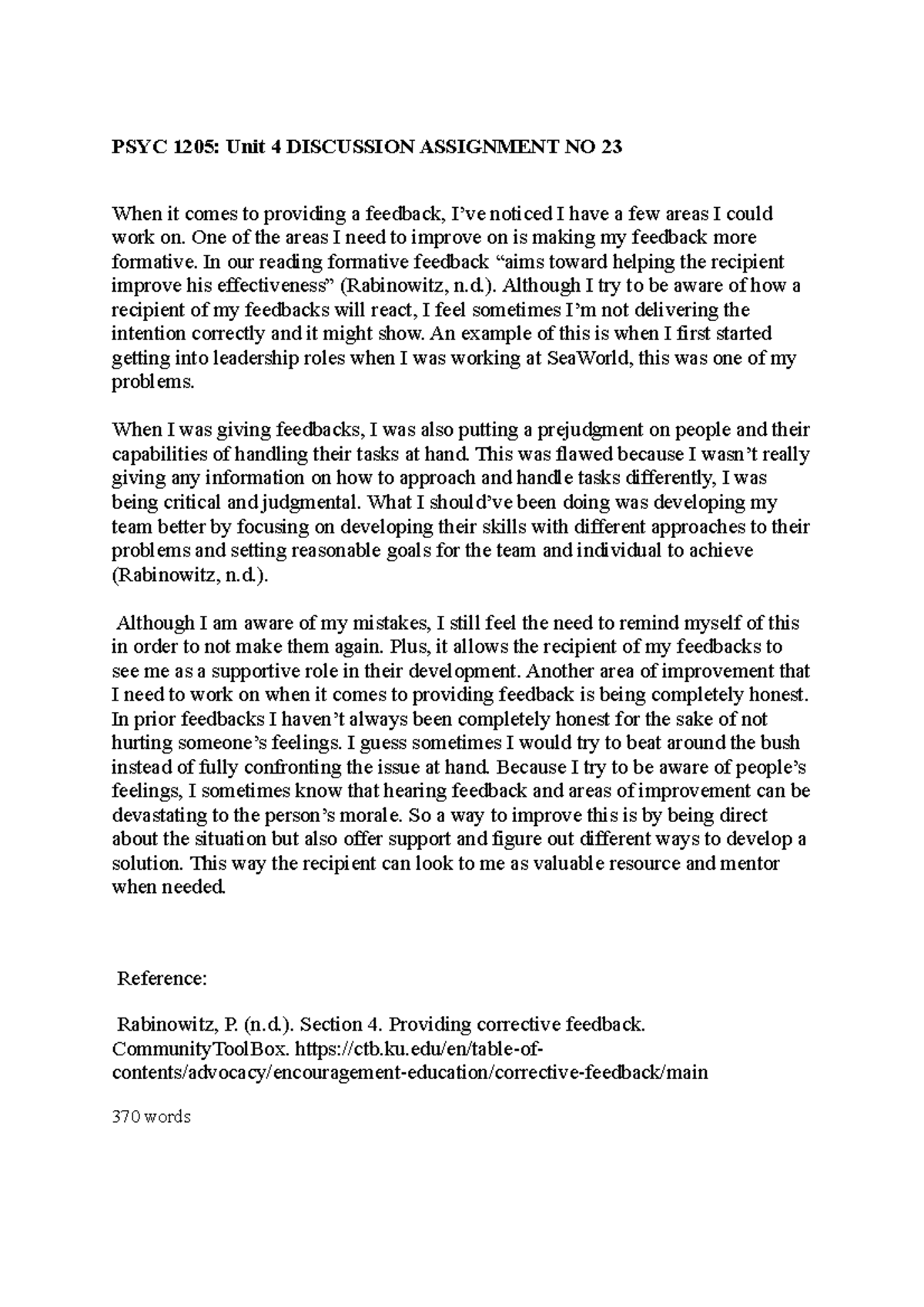 PSYC 1205 UNIT 4 DF Assignment Number 23 - PSYC 1205: Unit 4 DISCUSSION ASSIGNMENT NO 23 When it ...