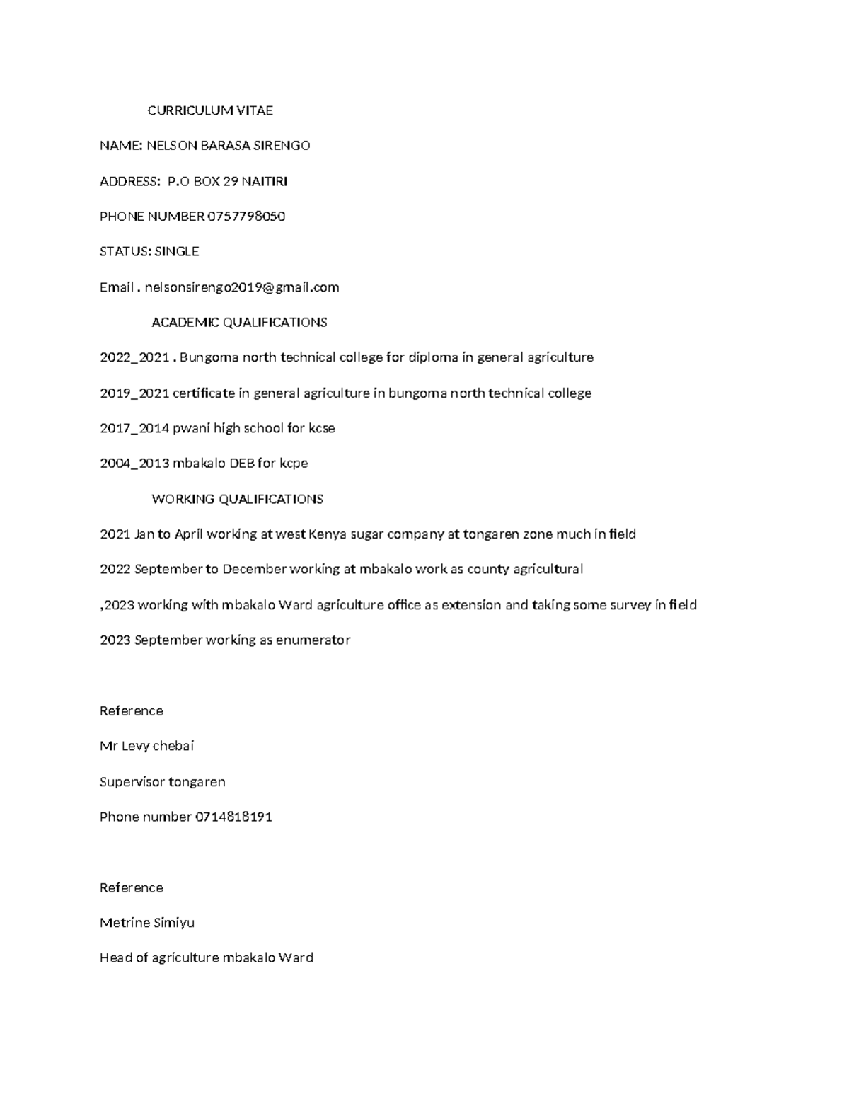 Curriculum VITA - CURRICULUM VITAE NAME: NELSON BARASA SIRENGO ADDRESS ...