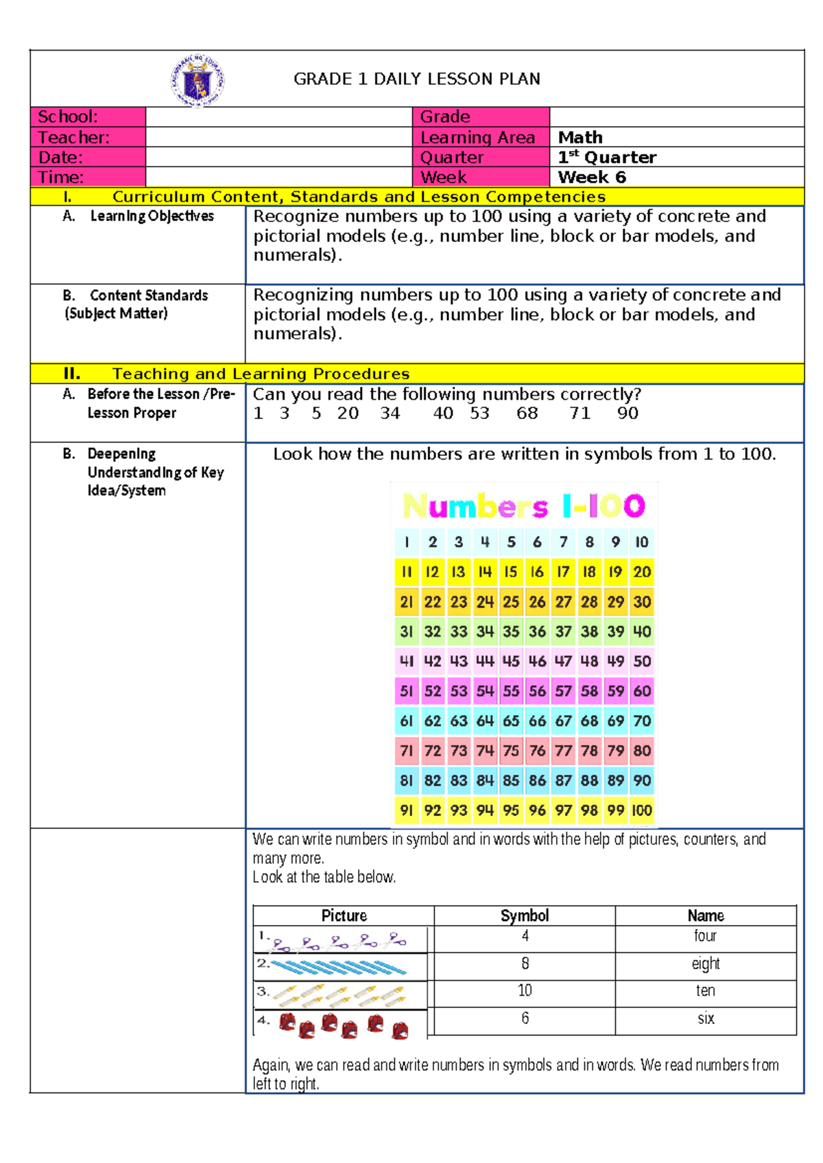 Q1-Week 6 Plan - lesson exemplar - GRADE 1 DAILY LESSON PLAN School ...