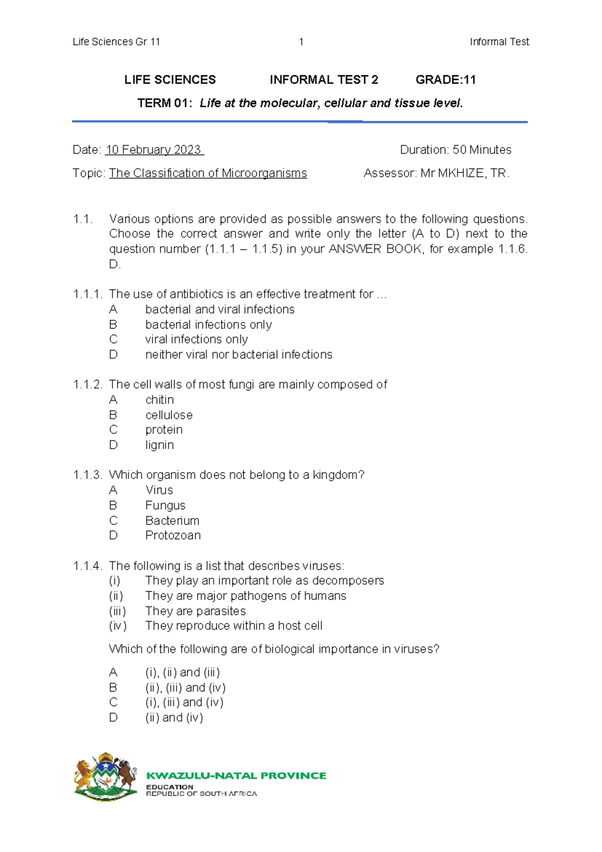 Informal Test 2 Grade 11-2 - LIFE SCIENCES INFORMAL TEST 2 GRADE: TERM ...