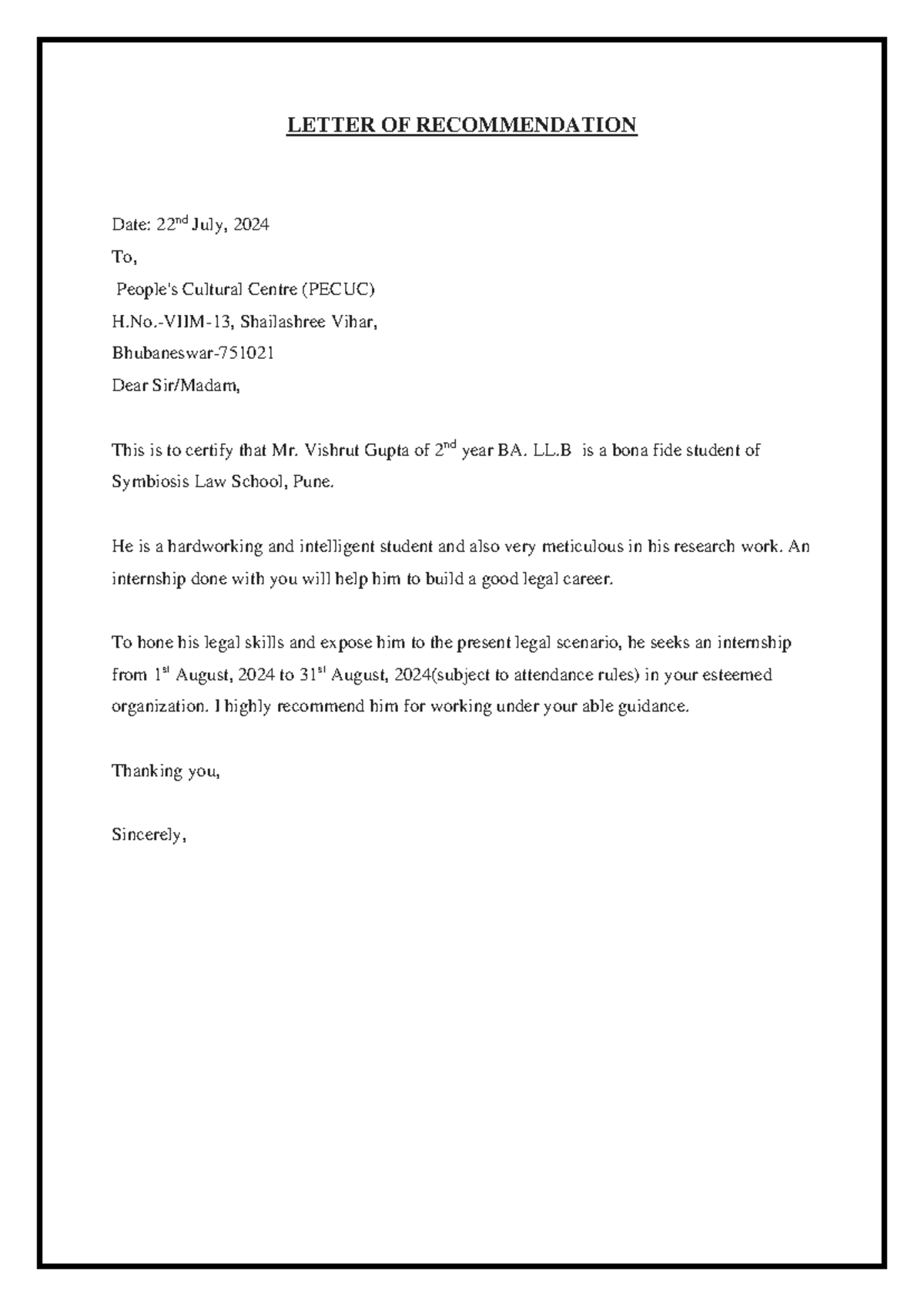 Lortemplate - Letter of Recommendation - LETTER OF RECOMMENDATION Date ...