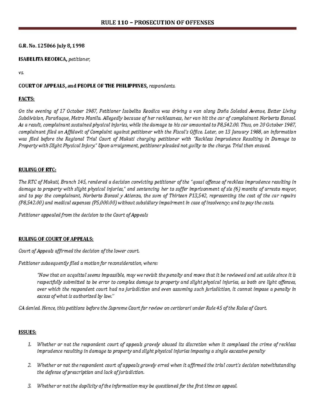 150866623 Reodica vs CA - RULE 110 – PROSECUTION OF OFFENSES G. No ...