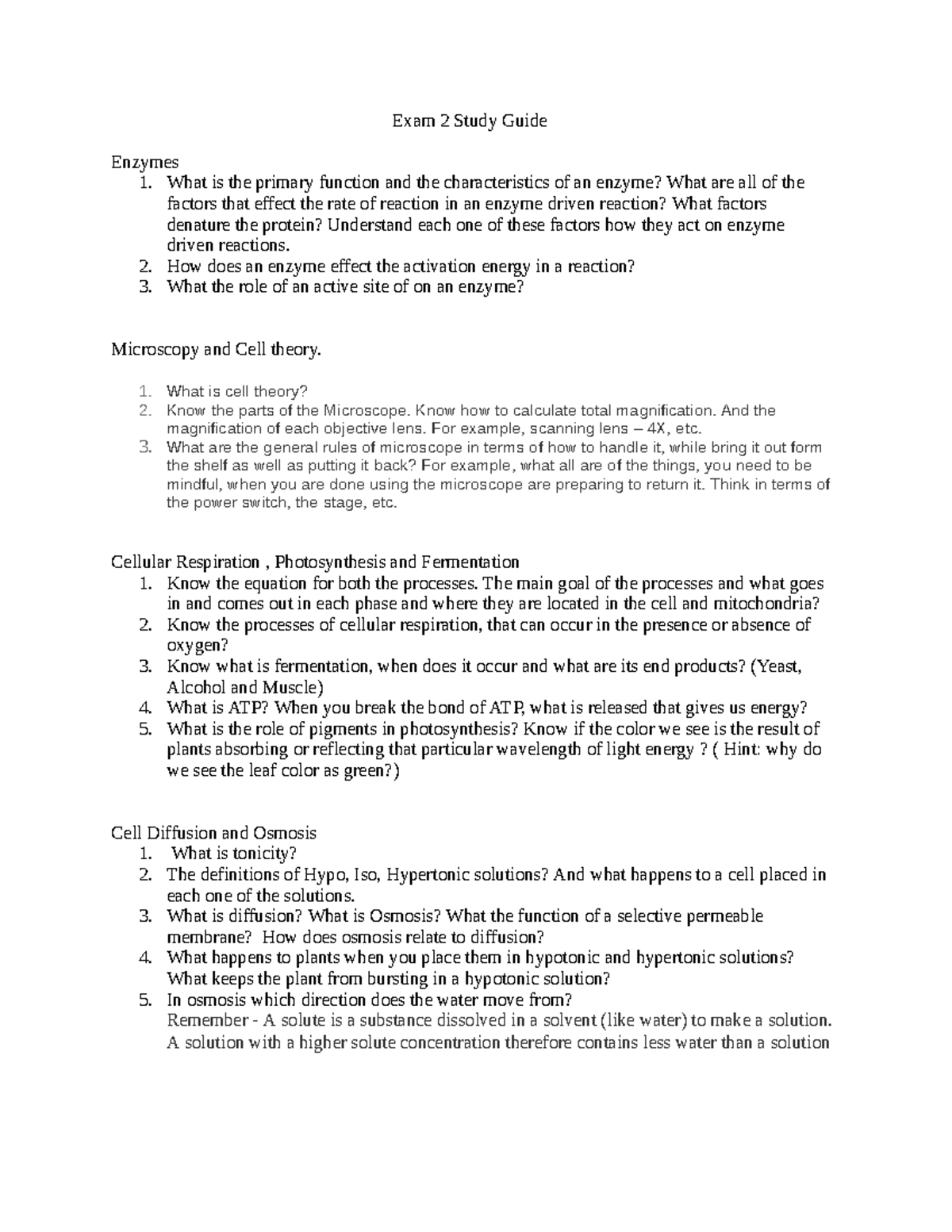 Exam 2 Lab Study Guide - Exam 2 Study Guide Enzymes Microscopy and Cell ...