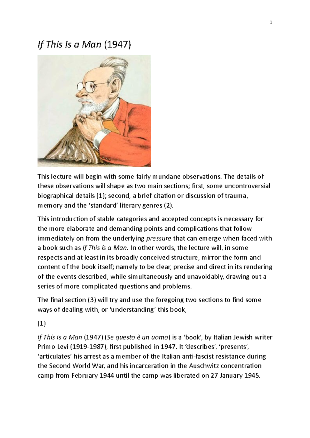 If This Is a Man Lecture Notes - If This Is a Man (1947) This lecture ...