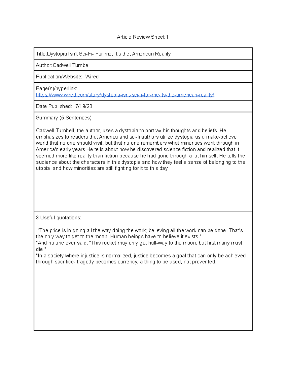 Article Review Sheet 1 - He emphasizes to readers that America and sci ...