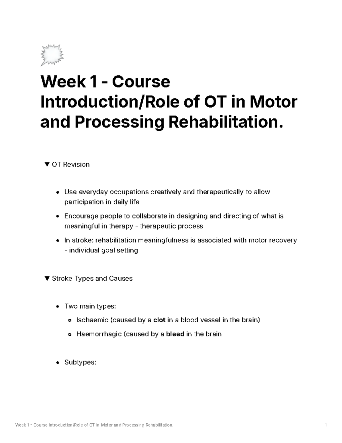 Week 1 - Course Introduction/Role of OT in Motor and Processing ...