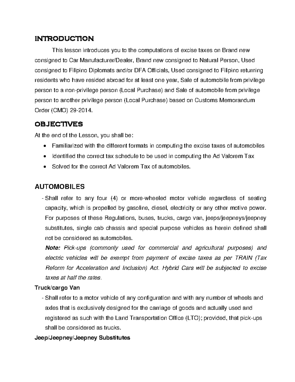 TAR 137 Handout 3 - practical computation about automobiles - INTRODUCTION This lesson ...