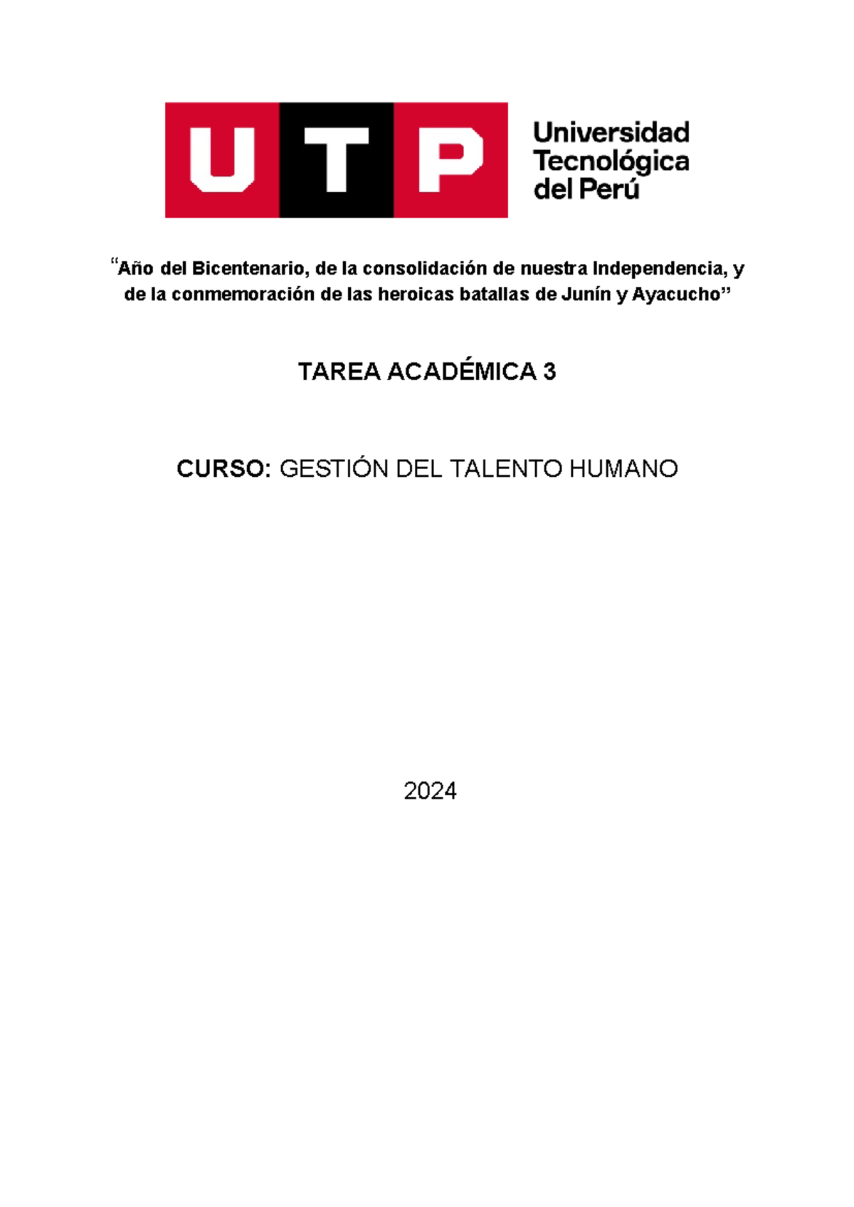 TA2 - GTH - Tarea Academica N2 - “Año del Bicentenario, de la consolidación de nuestra - Studocu