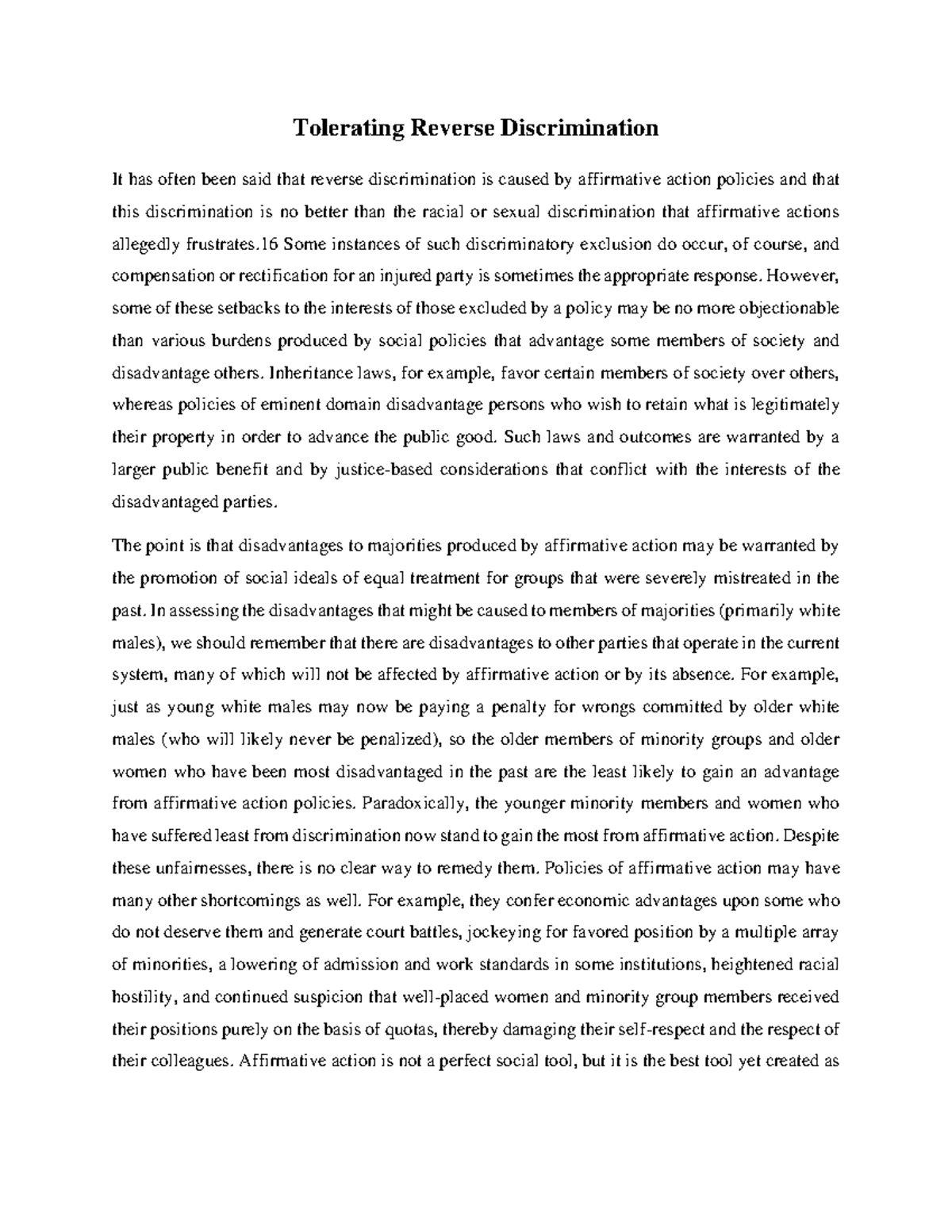 Tolerating Reverse Discrimination - However, some of these setbacks to ...